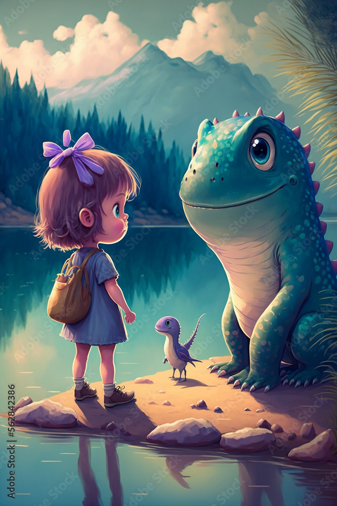 Little Girl and Cute Dinosaur Stock Illustration | Adobe Stock