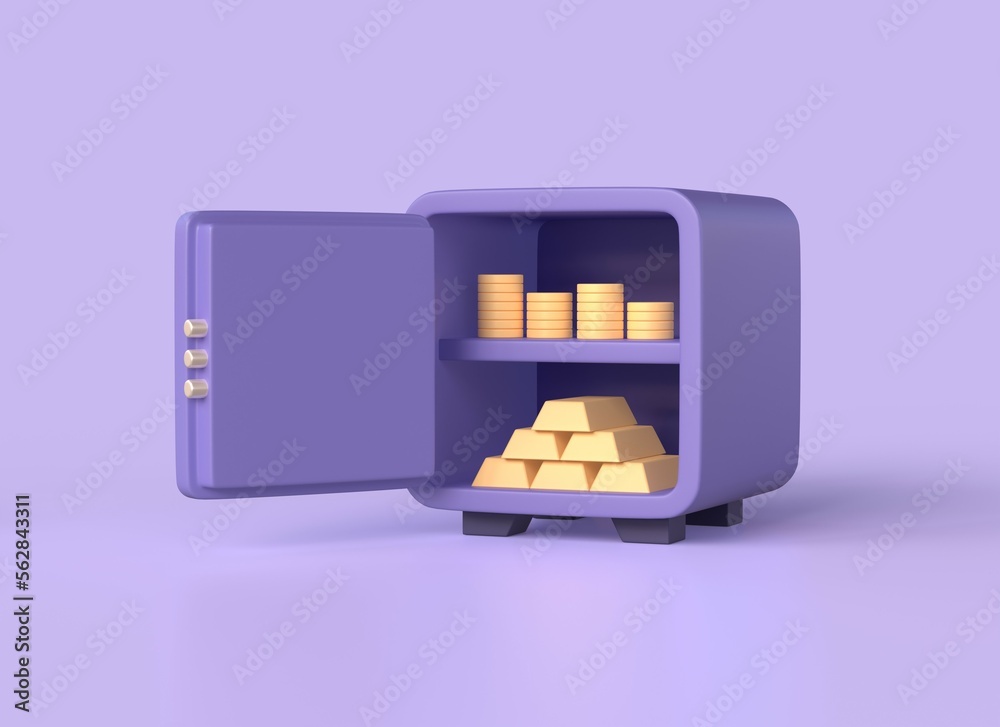 3d safe, gold coins and bars in cartoon style. the concept of safe ...