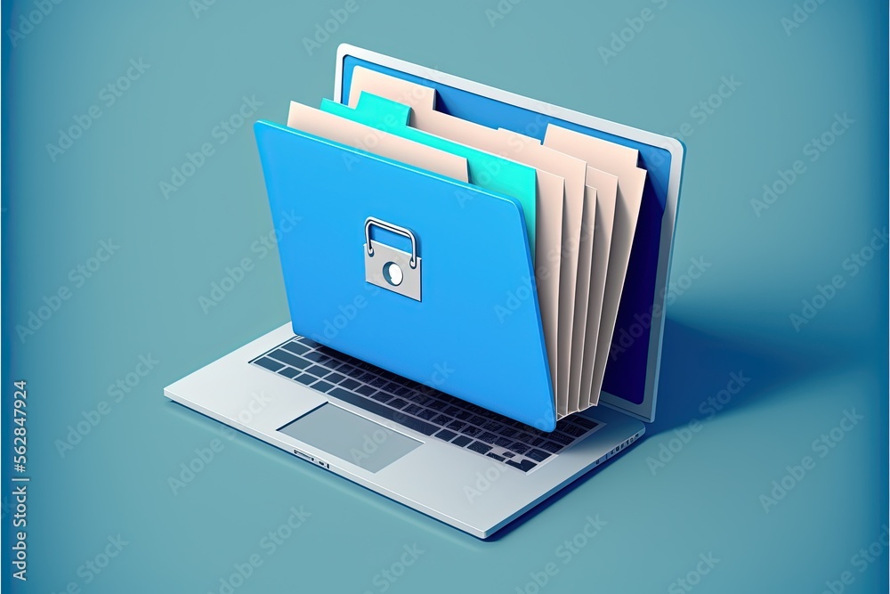 File folder on laptop screen, blue background. AI digital illustration ...