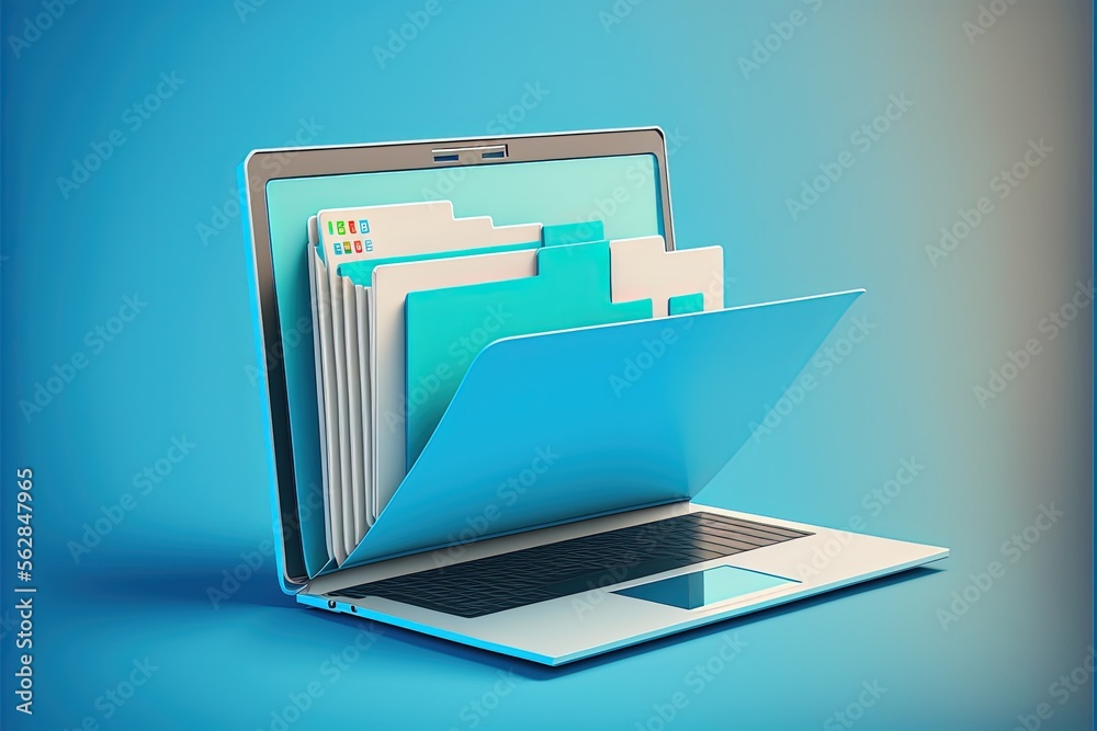 File folder on laptop screen, blue background. AI digital illustration ...