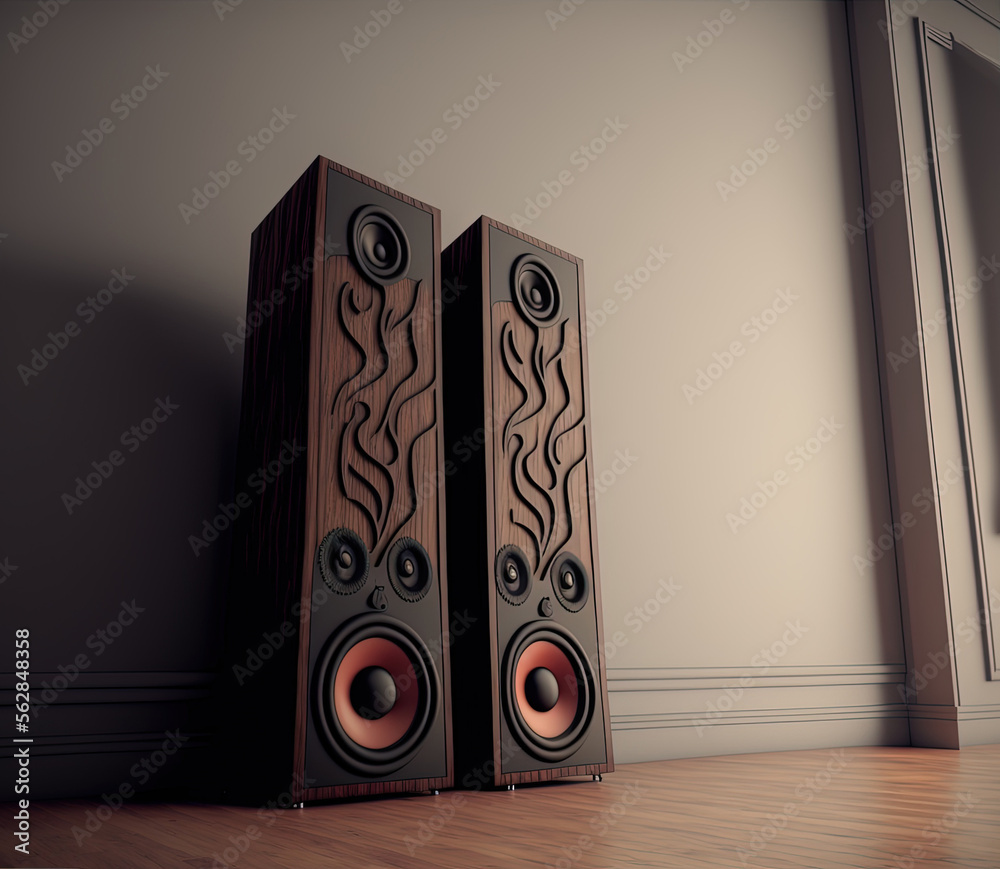 Wooden craft design Hi-fi speaker towers on the ground in the room ...