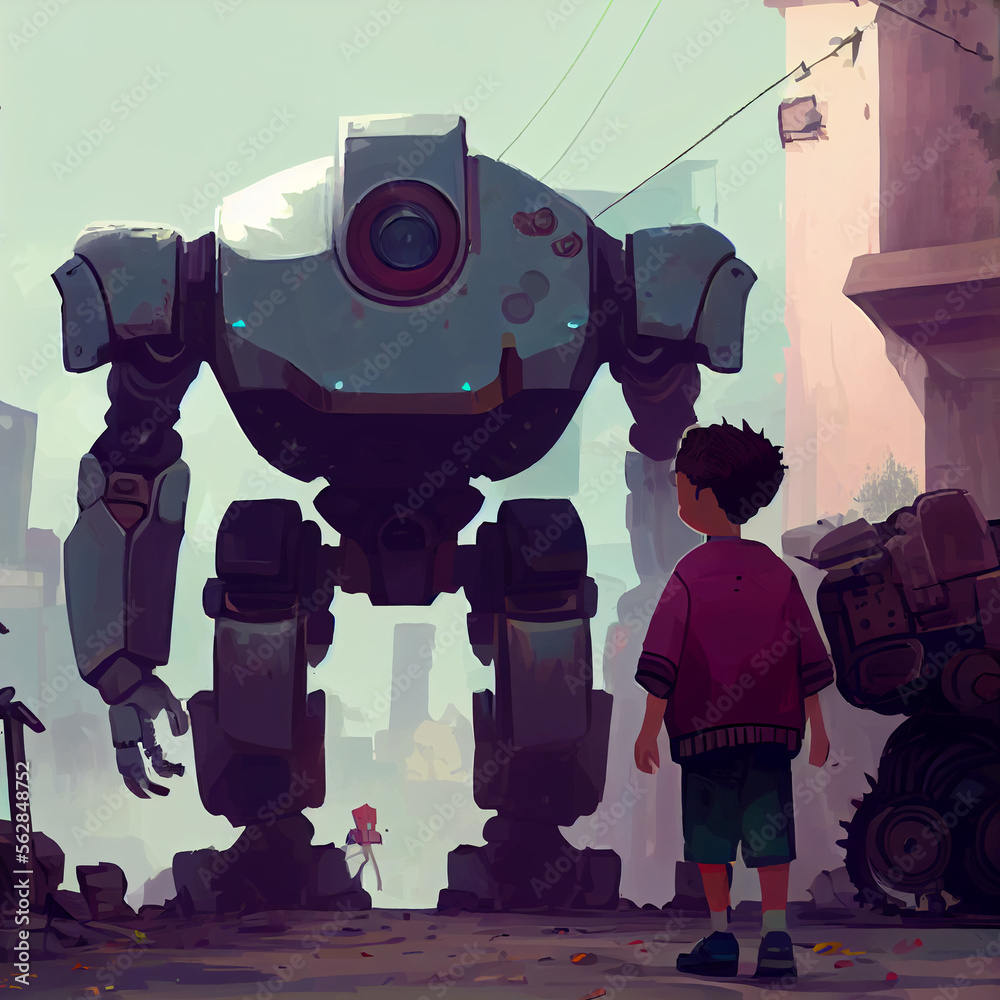 Scene of the boy looking at the damaged robot who protected him from ...
