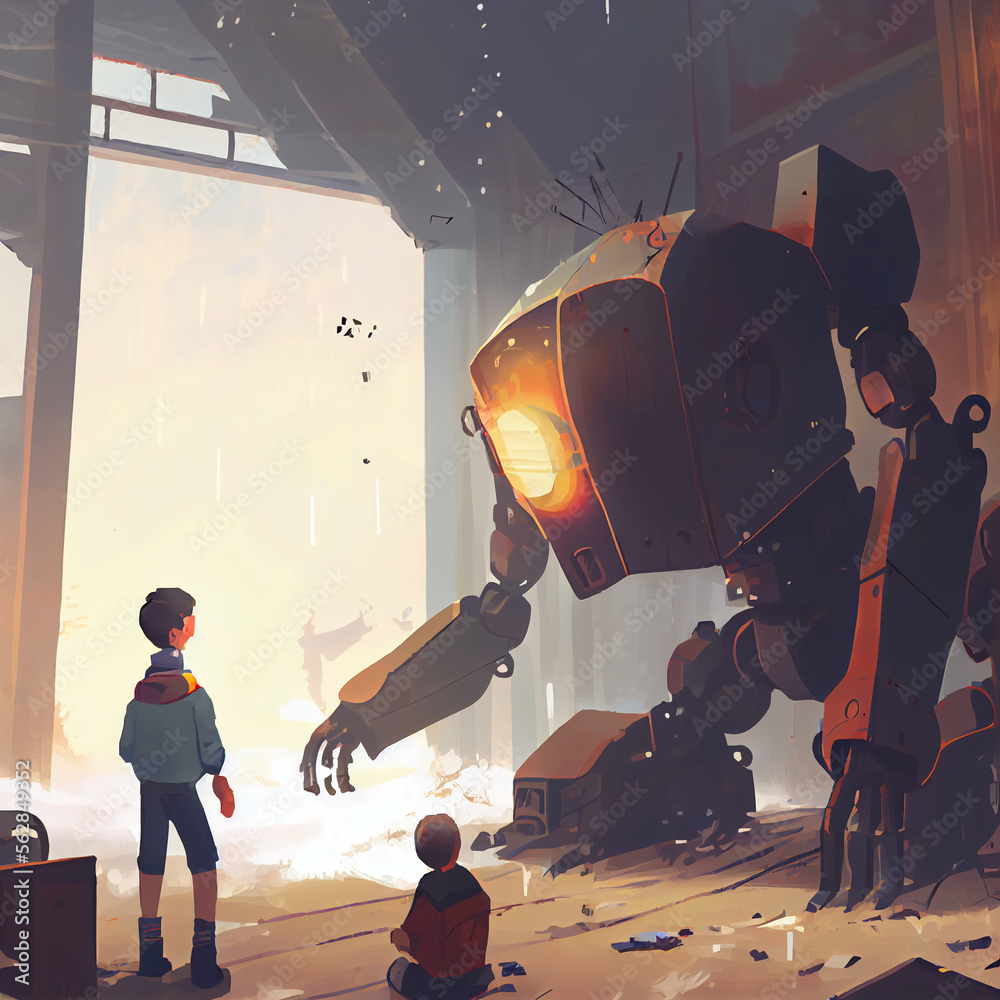 Scene of the boy looking at the damaged robot who protected him from ...