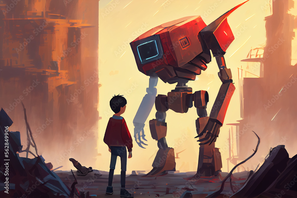 Scene of the boy looking at the damaged robot who protected him from ...