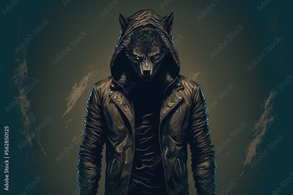 Wolf man, werewolf with jacket and hood, background. generative AI ...