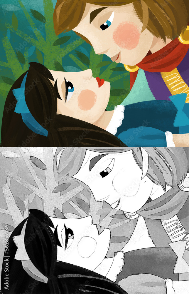 cartoon scene with prince and princess kissing illustration Stock ...