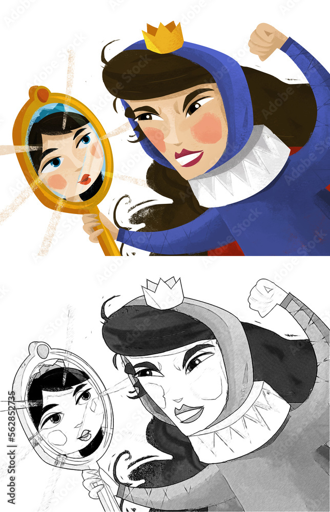 cartoon queen or princess looking in mirror Stock Illustration | Adobe ...