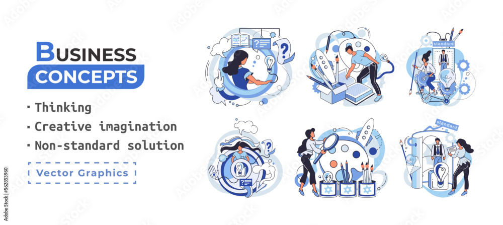 Creative thinking. People with different mental mindset types or model ...