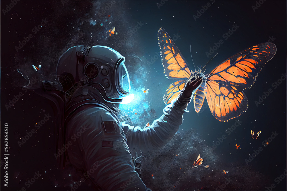 The astronaut reaching out to catch the glowing butterfly in the sky ...