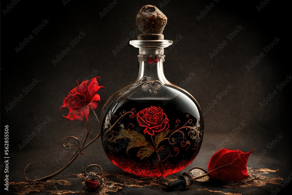 Gothic Valentine, poisonous vine, alcohol in glass carafe and red ...