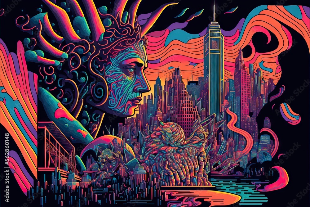 Psychedelic City, With Lisergic visions between buildings, cars, houses ...