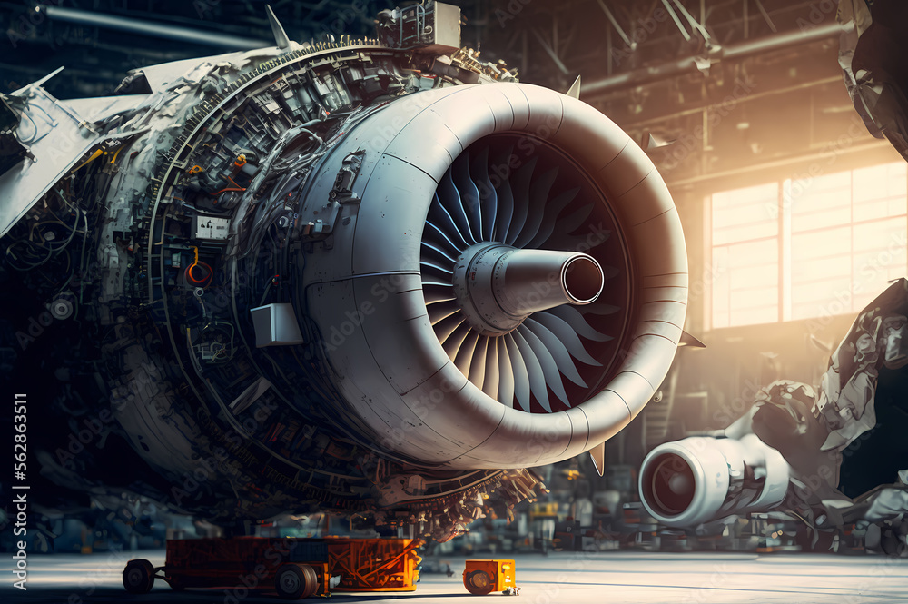 Aircraft jet engine on repair and maintenance. Industrial motor of ...
