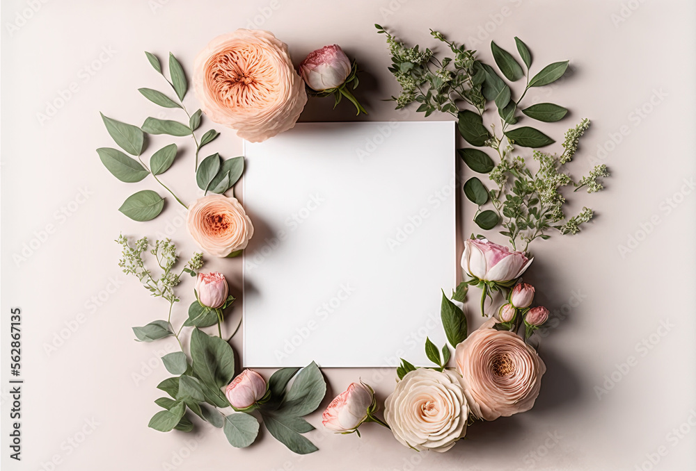 Blank paper greeting card surround by a Floral frame of English Roses ...