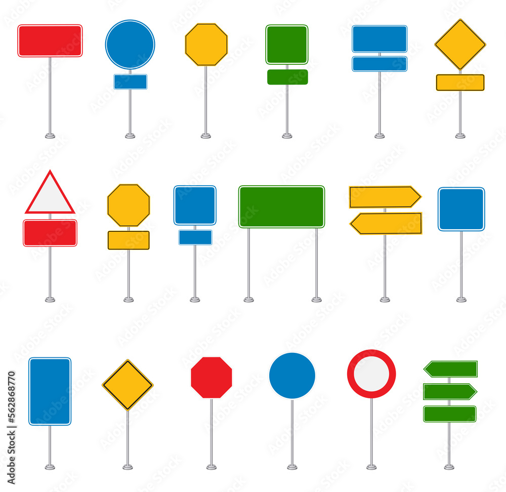 Set of road signs isolated. Direction traffic signs boards on metal ...