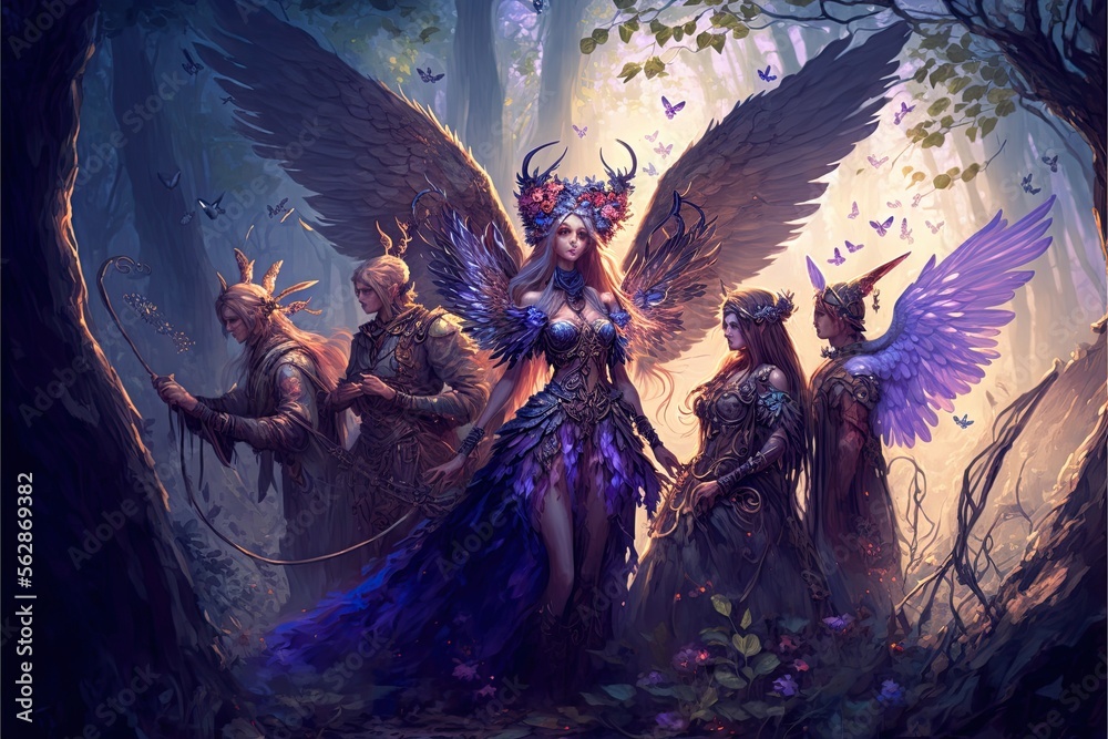 An epic fantasy illustration, featuring a group of fairies, beautiful ...