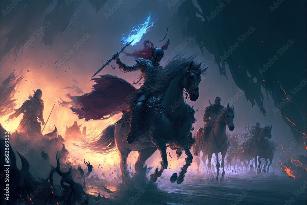 An epic fantasy illustration, featuring a dramatic battle scene ...