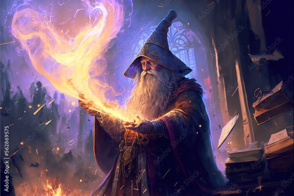 An epic fantasy illustration, featuring a powerful wizard casting a ...