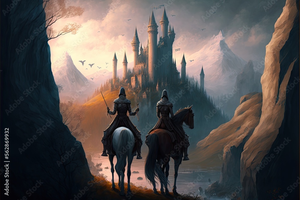 An epic fantasy illustration, featuring two knights on a quest ...