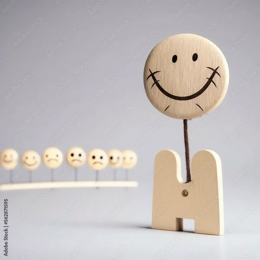 Smiling Wooden figure from sad faces with copy space, representing the ...