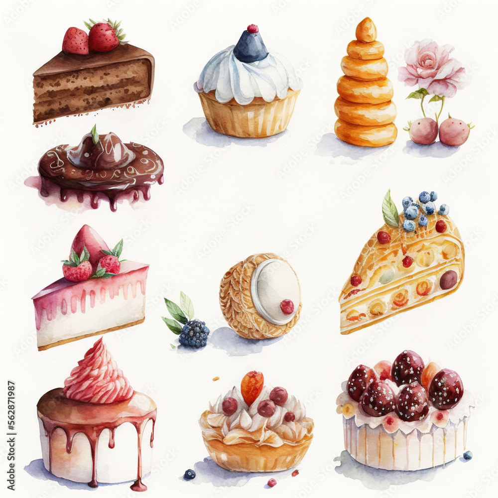 Collection of pretty delicate watercolor French pastries. Each pastry ...