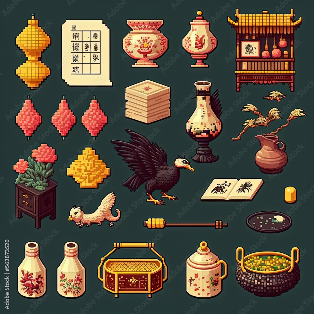 Pixel art chinese new year icon set, collection of chinese objects, items retro style for 8 bit ...
