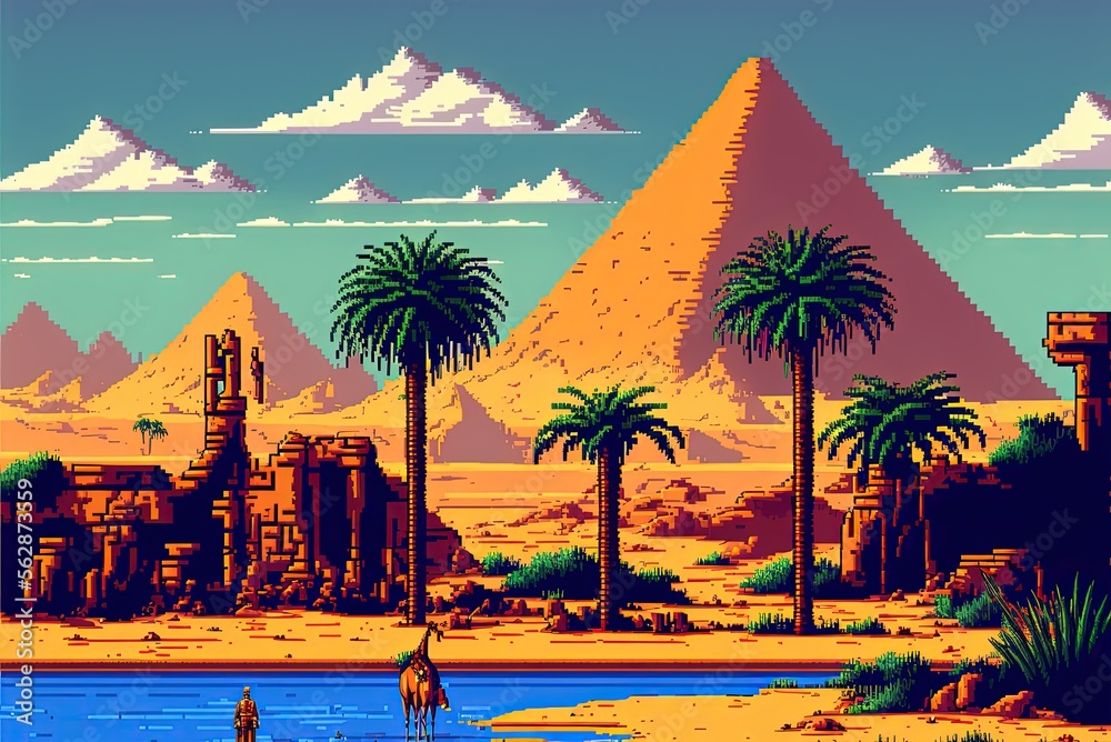Pixel art ancient egypt with pyramids and monuments, landscape in retro ...