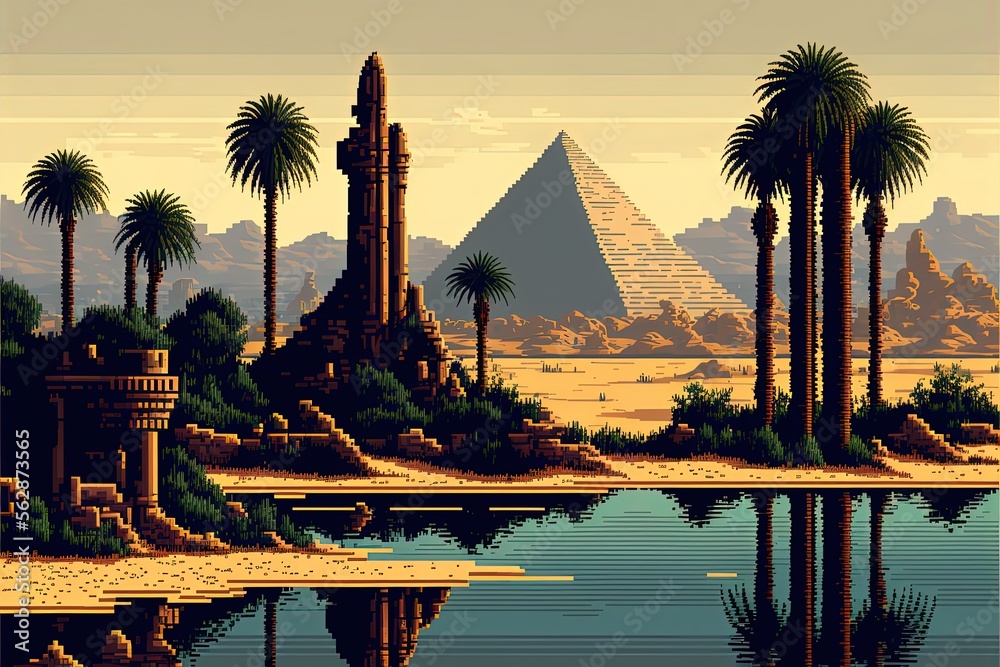 Pixel art ancient egypt with pyramids and monuments, landscape in retro ...