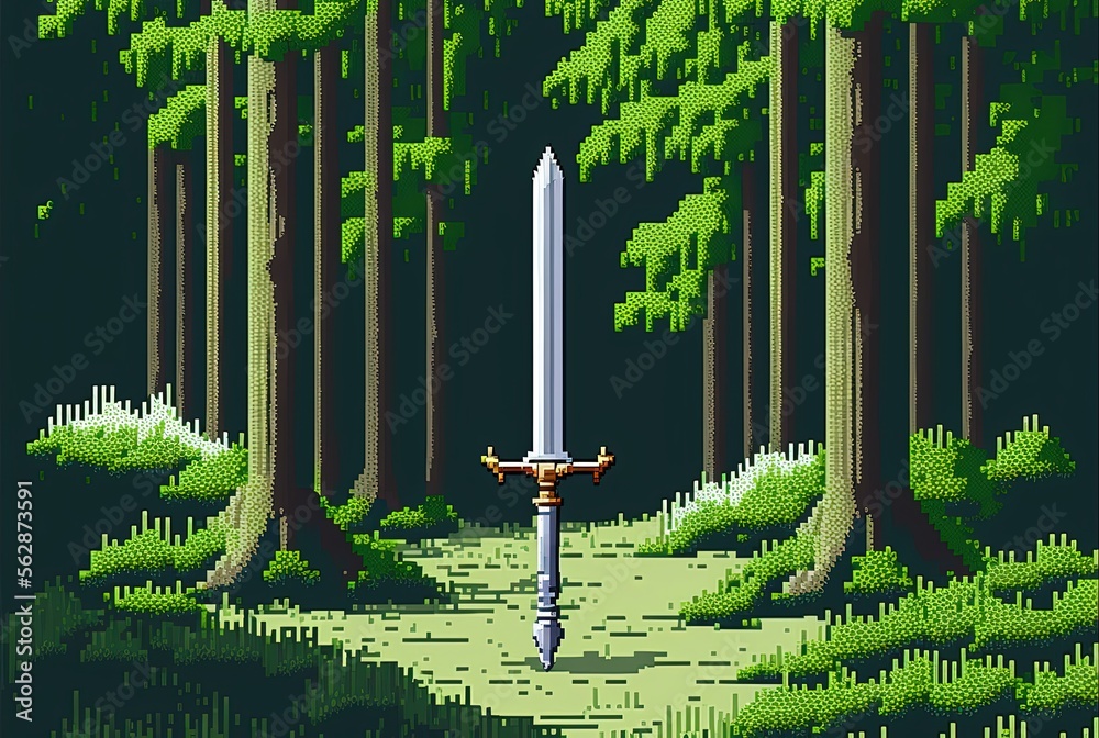 Pixel art sword stuck in stone in forest, excalibur sword, background ...