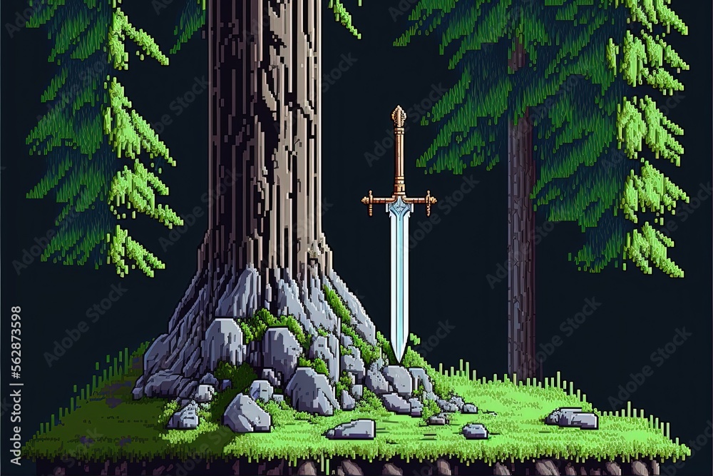 Pixel art sword stuck in stone in forest, excalibur sword, background ...