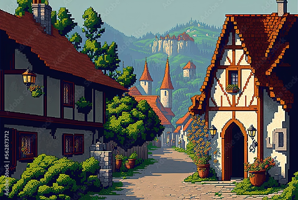 Pixel art medieval village, middle age houses, village with castle, buildings and trees ...