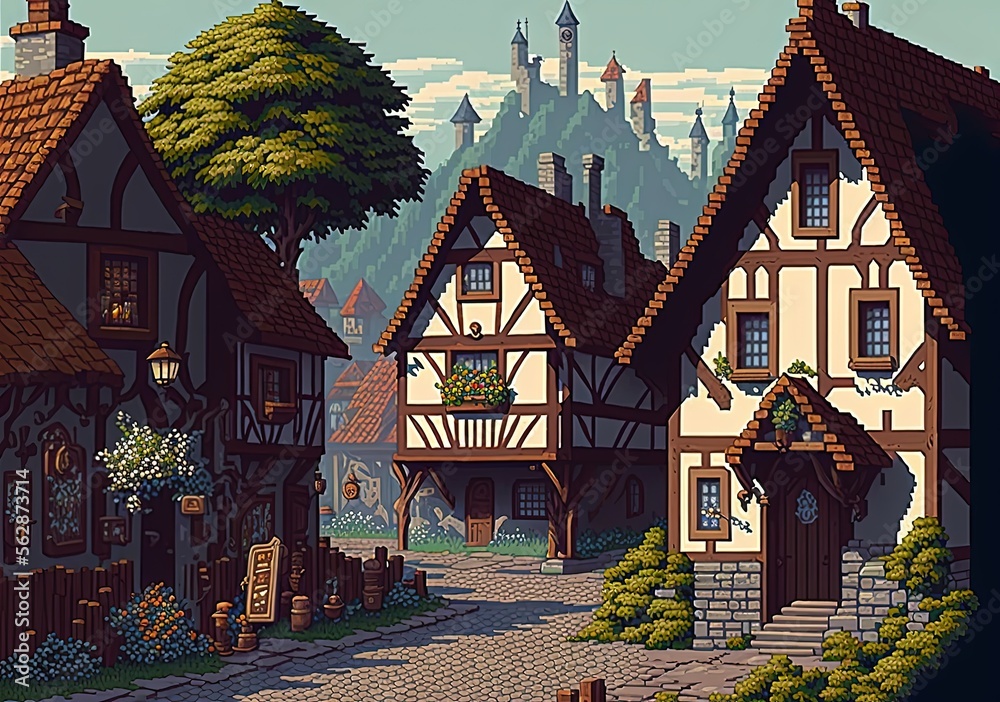 Pixel art medieval village, middle age houses, village with castle ...