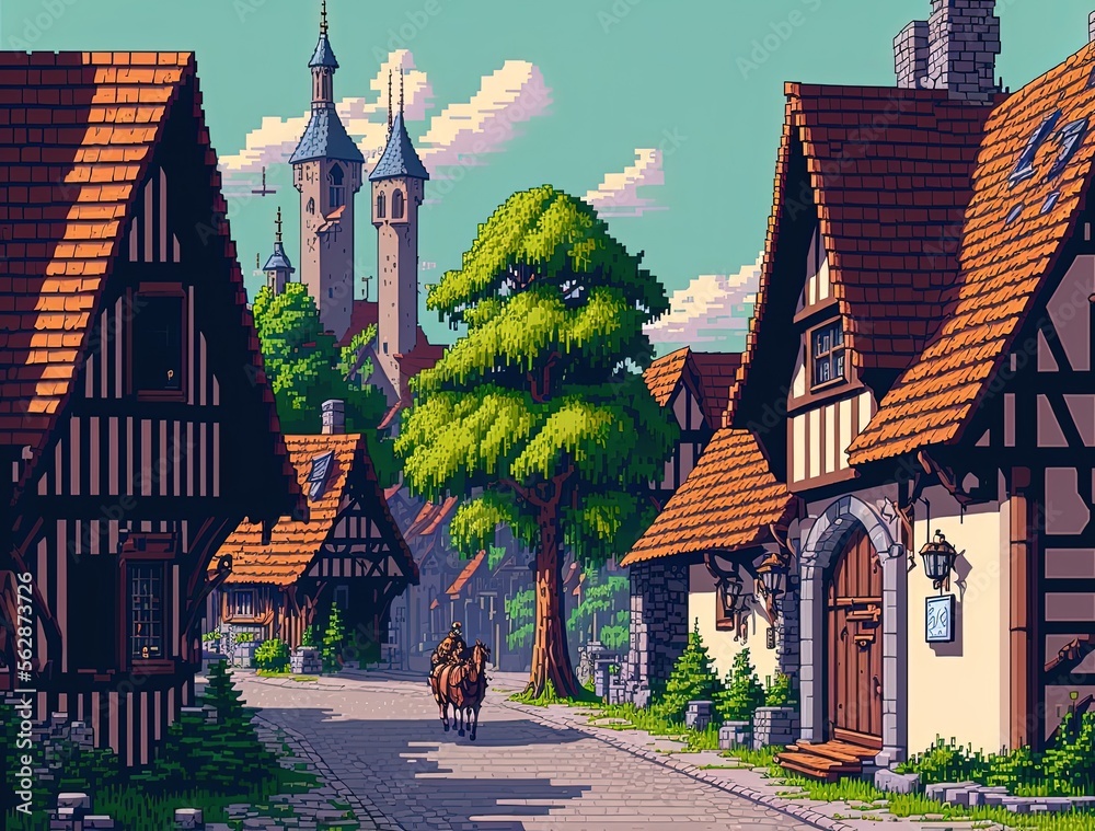 Pixel art medieval village, middle age houses, village with castle ...