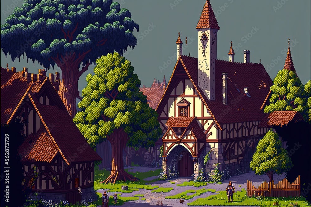 Pixel art medieval village, middle age houses, village with castle ...