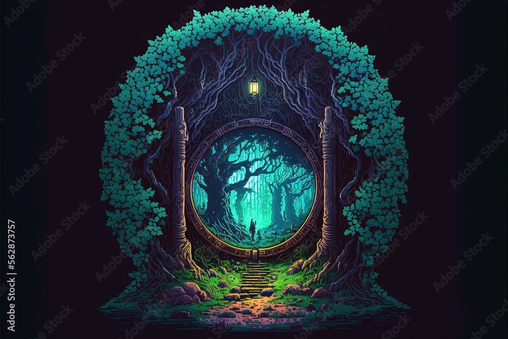Pixel art magic portal in mystical forest, portal to fantasy dimension ...