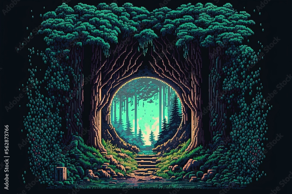 Pixel art magic portal in mystical forest, portal to fantasy dimension ...