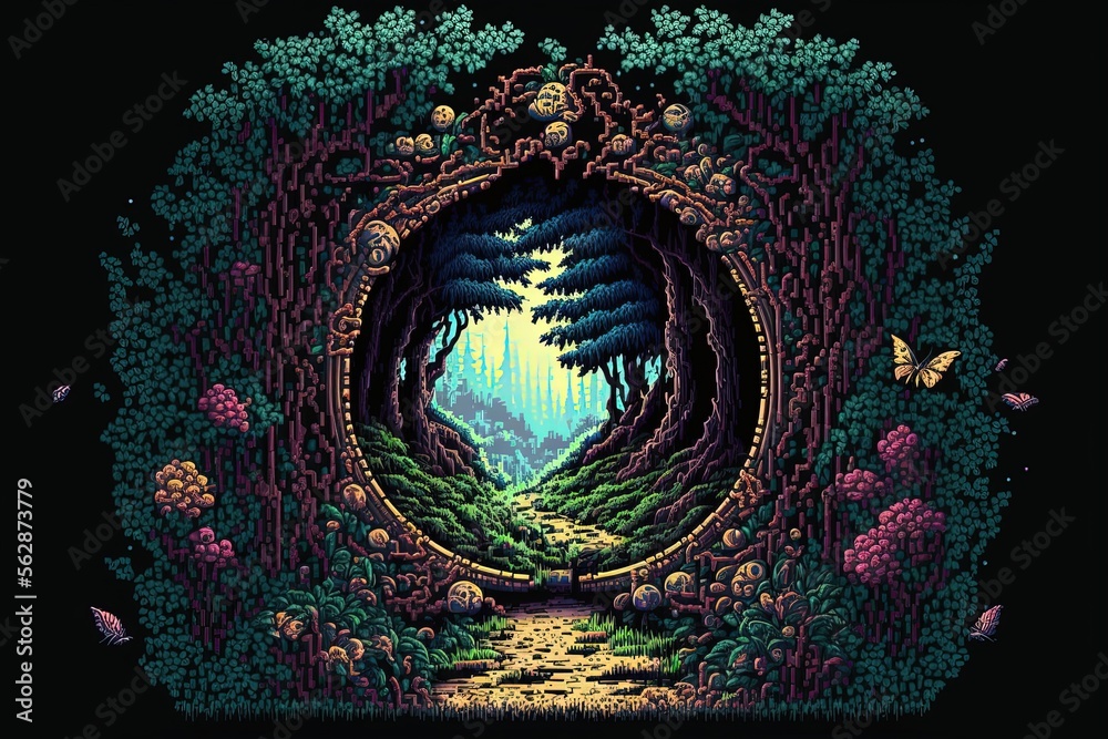 Pixel Art Magic Portal In Mystical Forest Portal To Fantasy Dimension Background In Retro