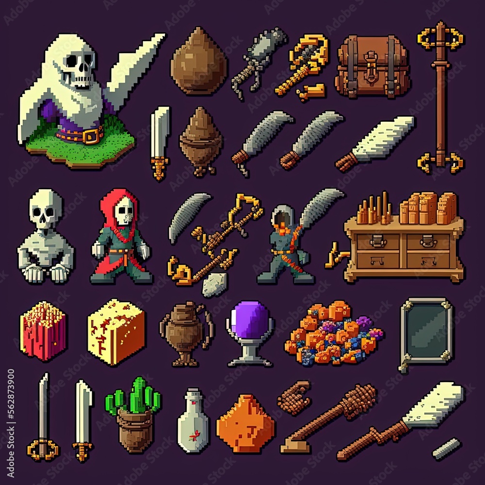 Pixel art set of RPG game items, collection of objects for RPG game ...