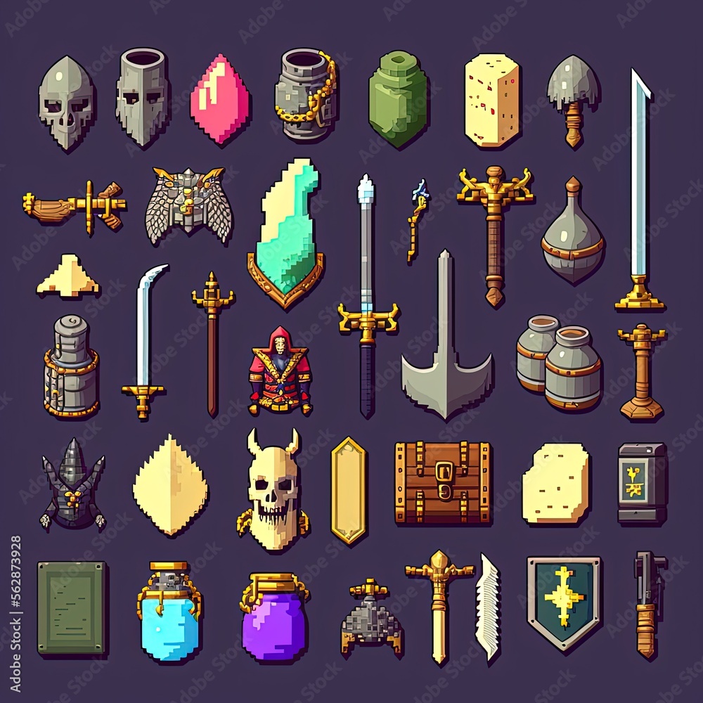 Pixel art set of RPG game items, collection of objects for RPG game ...