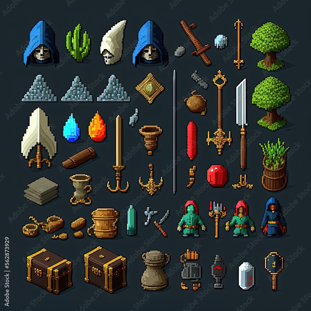 Pixel art set of RPG game items, collection of objects for RPG game ...
