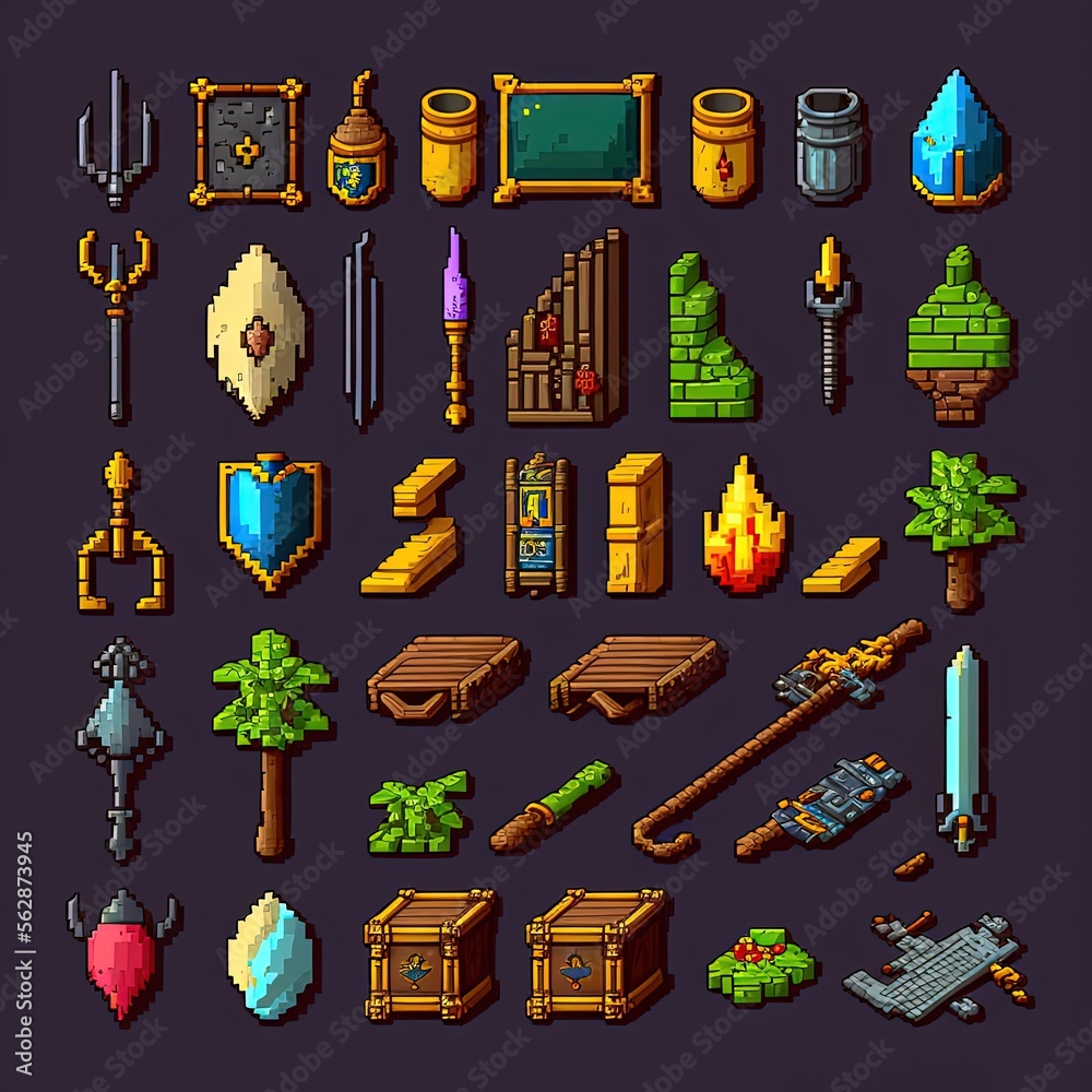 Pixel art set of RPG game items, collection of objects for RPG game ...