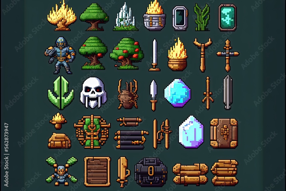 Pixel art set of RPG game items, collection of objects for RPG game ...