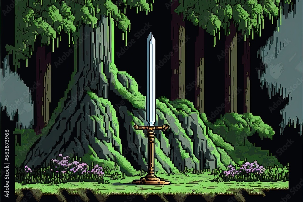 Pixel art sword stuck in stone in forest, excalibur sword, background ...