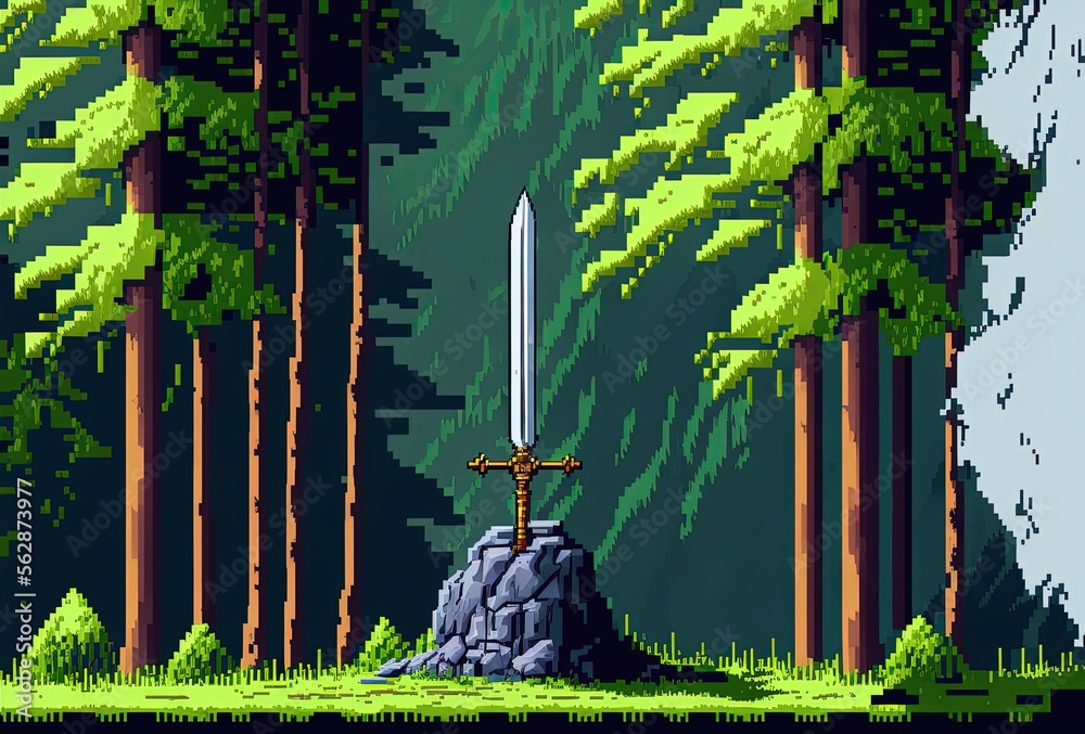 Pixel art sword stuck in stone in forest, excalibur sword, background ...