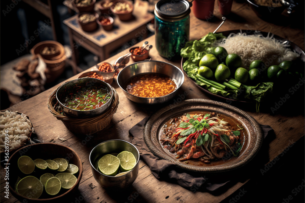 varieties of thai food on wooden table, CREATED WITH GENERATIVE AI ...