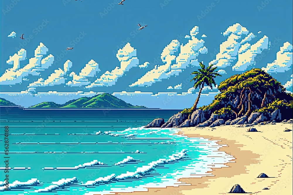 Pixel art beach with coconut trees and clouds in the sky, background in ...