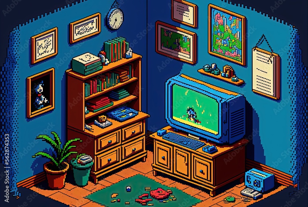Pixel art game room, bedroom with video game consoles, background in retro style for 8 bit game ...