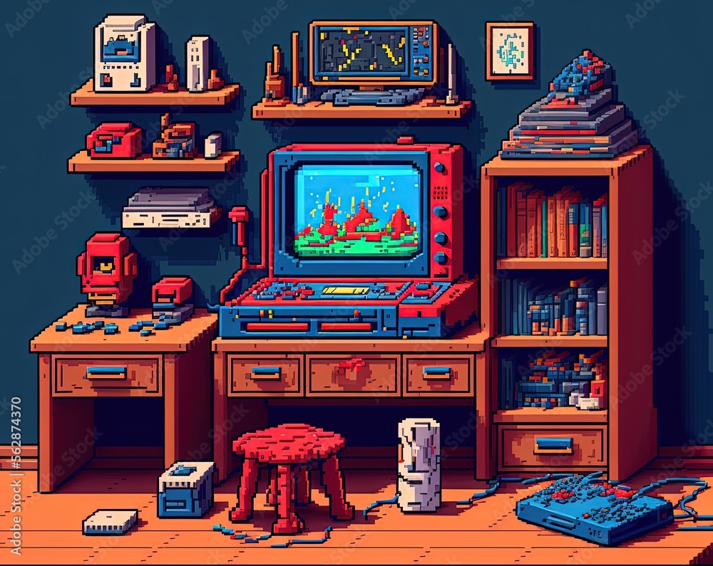 Pixel art game room, bedroom with video game consoles, background in retro style for 8 bit game ...