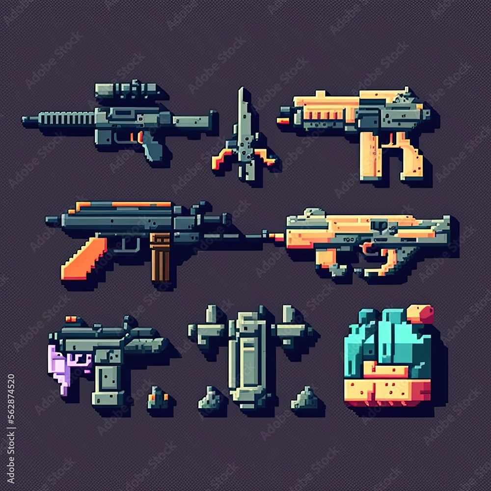 Pixel art firearms set, weapons collection, retro style item for 8 bit ...