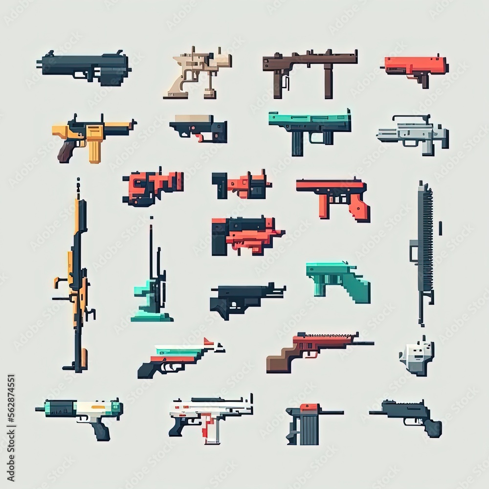 Pixel art firearms set, weapons collection, retro style item for 8 bit ...