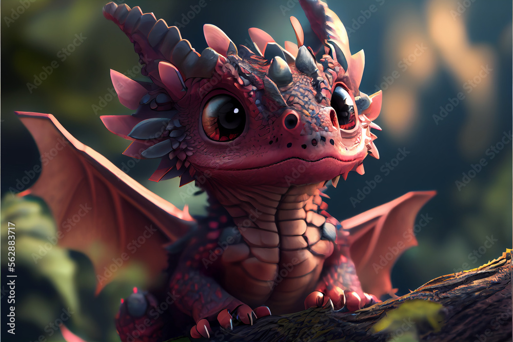 Cute red little baby dragon standing in the peaceful forest. CG artwork ...
